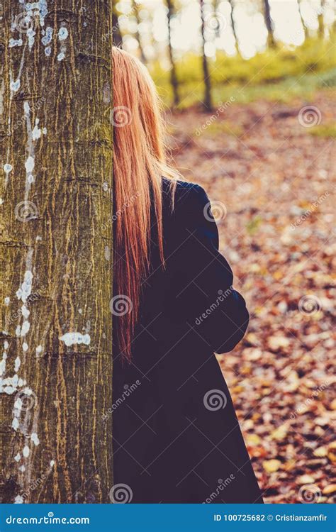 A Blonde Woman Leaning On A Tree Stock Photo Image Of Lifestyle Lady