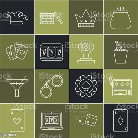 다이아몬드 슬롯 머신 샴페인 얼음 양동이 킹 플레이 럭키 세븐 카드 덱 조커 및 카지노 포커 트로피 컵 아이콘으로 카드 놀이를 설정합니다 벡터 어릿광대 바보에 대한 스톡