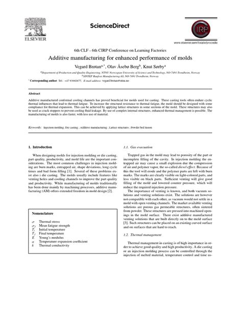 Additive Manufacturing For Enhanced Performance Of Molds 2016 Procedia Cirp Pdf Strength Of