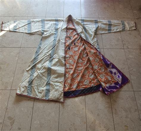 Antique Central Asian Silk Chapan Coat Large Striped Robe 19th C Ikat