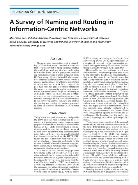 Pdf A Survey Of Naming And Routing In Information Centric Networks