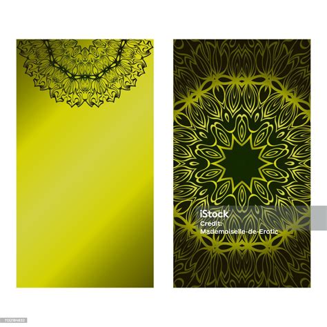 꽃 만다라 패턴이 있는 초대장 또는 카드 템플릿입니다 결혼식 인사말 카드 생일 초대장에 대 한 장식 배경입니다 전면 및 후면 그린 올리브 그라데이션 컬러 0명에 대한 스톡