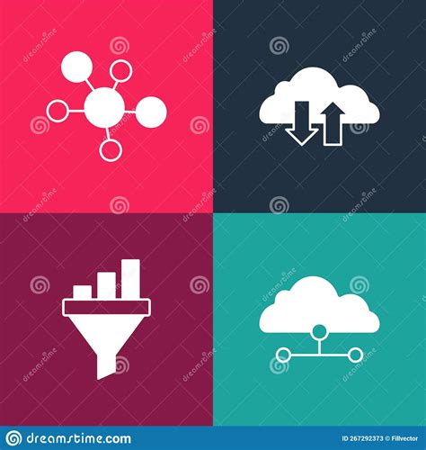 Set Pop Art Network Cloud Connection Sales Funnel With Chart Cloud