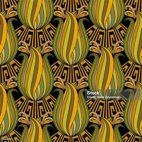 현대 우아함 꽃 그리스 키 구불구불 원활한 벡터 패턴 빈티지 장식 화려한 배경입니다 기하학적 반복 추상 배경 막입니다 아름 다운 손으로 그린된 민족 스타일 페이 즐 리 꽃