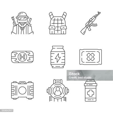 온라인 게임 인벤토리 선형 아이콘 세트입니다 군인 갑옷 무기 응급 처치 키트 음료 붕대 진통제 촬영 목표 가는 선 윤곽심 격리된 윤곽선 그림입니다 편집 가능한 스트로크 1에
