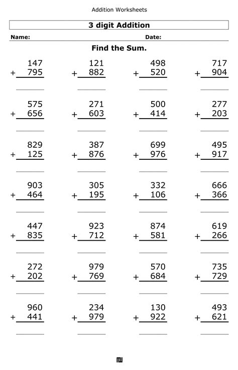 3 Digit Addition Worksheets 2nd Grade 3rd Grade Math Worksheets 3 Digit Column Addition 3