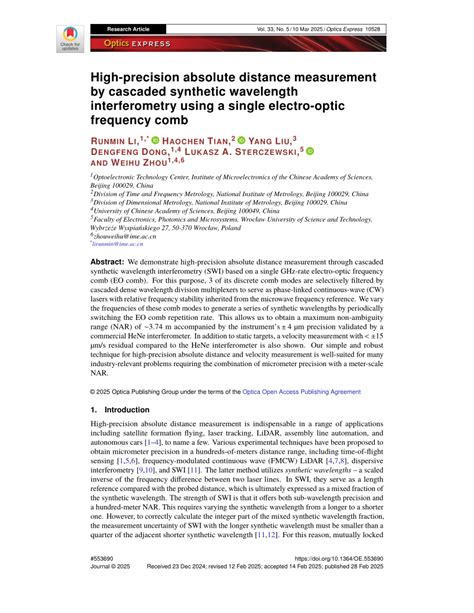 Pdf High Precision Absolute Distance Measurement By Cascaded Synthetic Wavelength