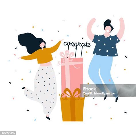 생일 기념일 또는 휴일을 축하하는 해피 만화 캐릭터 파티 모자를 쓰고 즐거운 점프 사람들 벡터 그림입니다 춤에 대한 스톡 벡터 아트 및 기타 이미지 Istock