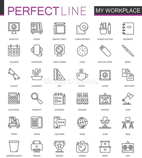 Office Workspace Thin Line Web Icons Set Outline Stroke Icons Design Stock Vector