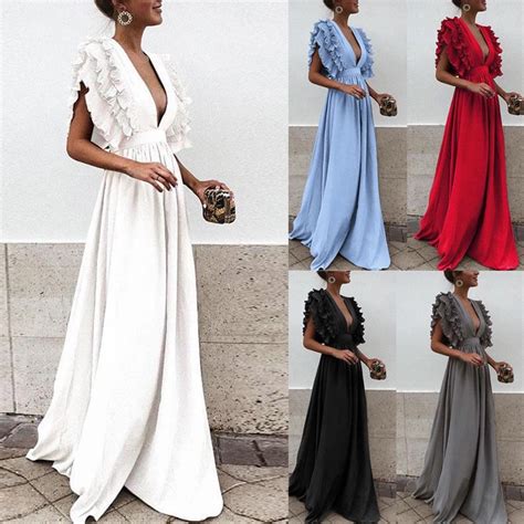 여성 플라이 슬리브 백 플 플 런지 레이어드 프릴 디테일 주름 장식 신부 들러리 정장 롱 드레스드레스 Aliexpress