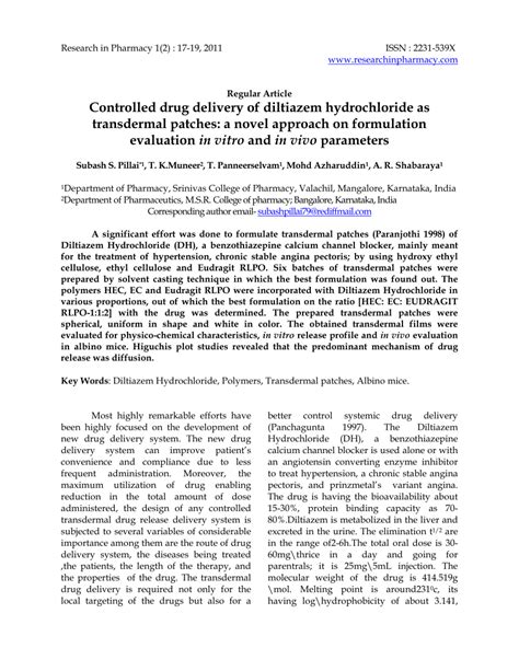 Pdf Controlled Drug Delivery Of Diltiazem Hydrochloride As