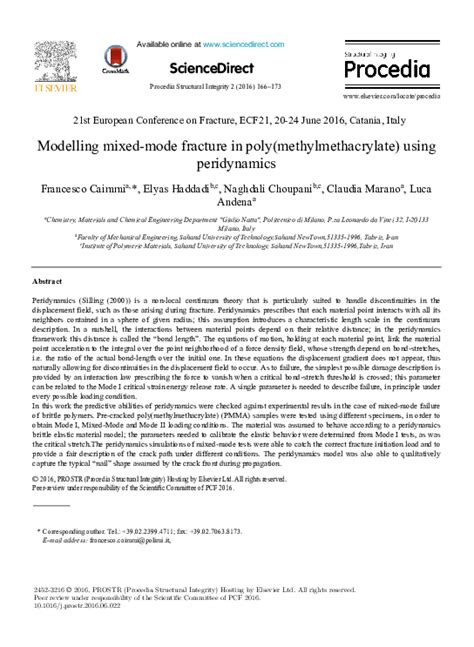 Pdf Modelling Mixed Mode Fracture In Polymethylmethacrylate Using Peridynamics
