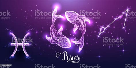 어두운 보라색 배경에 미래 물고기자리 조디악 기호 빛나는 낮은 다각형 디자인 벡터 3차원 형태에 대한 스톡 벡터 아트 및 기타 이미지 3차원 형태 개념 네온 Istock