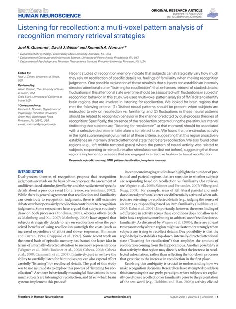 Pdf Listening For Recollection A Multi Voxel Pattern Analysis Of