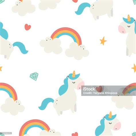 마법의 유니콘과 무지개가 있는 매끄러운 패턴 카드 포스터 배너 아동 도서 팩에 인쇄 옷 직물 벽지 섬유 또는 접시 0명에 대한 스톡 벡터 아트 및 기타 이미지 Istock