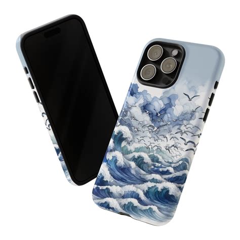 Watercolor Ocean Waves Seagulls Bird Blue Clouds Sky Matte Or Glossy