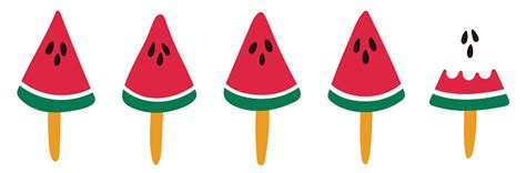 스틱에 수박의 잘 익은 붉은 조각 달콤한 사탕 여름 디자인을위한 육즙 과일 세트 플랫 스타일로 재미있는 현대 일러스트 밝은 다채로운 요소 개체 그룹에 대한 스톡 벡터 아트