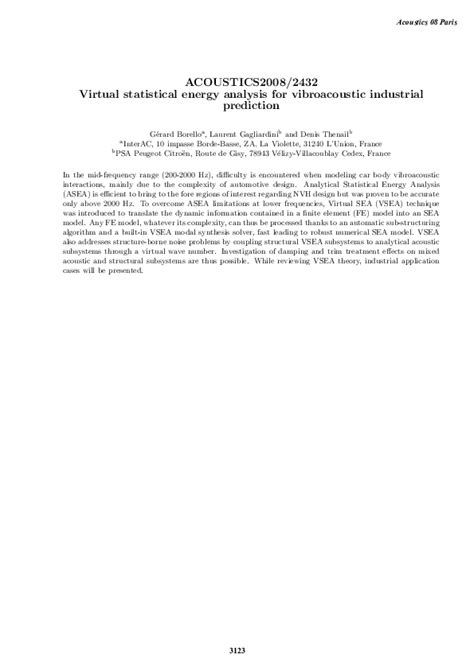 Pdf Virtual Statistical Energy Analysis For Vibroacoustic Industrial Prediction
