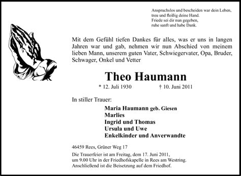 Traueranzeigen Von Theo Haumann Trauer In Nrw De