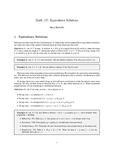 Math 127 Equivalence Relations Notes By Mary Radcliffe Studocu