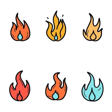 Premium Vector Collection Six Flame Icons Representing Fire Various Colors Shapes Simplified