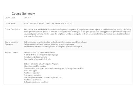Course Summary Csc415 Course Summary Course Code Csc415 Course Name Fundamentals Of Computer