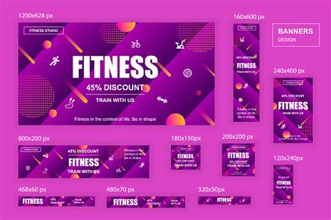 컬렉션 웹 배너 모바일 및 소셜 네트워크 포스터 쇼핑 광고 마케팅 자료에 대한 다양한 크기 제품 프로모션 피트니스 클럽 Gym 활기찬 핏을 위한 번들 배너 가리기에 대한