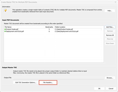 Customizing File Headers In Master Table Of Contents
