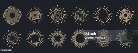 선버스트 컬렉션 방사형 일몰 광선 황금 빛빛을 파열 불꽃놀이 로고 타입 또는 글자 디자인 요소 플랫 벡터 그림입니다 눈 냉동상태의 물에 대한 스톡 벡터 아트 및 기타 이미지