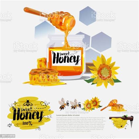 그래픽 요소 세트로 항아리와 꿀 꿀벌에 꿀 제품에서 자연 개념벡터 꿀에 대한 스톡 벡터 아트 및 기타 이미지 꿀 곤충 꽃