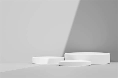 그림자가 있는 흰색 실린더 받침대 연단 제품 디스플레이 프레젠테이션을 위한 최소 장면 쇼케이스 기하학적 플랫폼 3d 추상적 배경 무대에 대한 스톡 사진 및 기타 이미지
