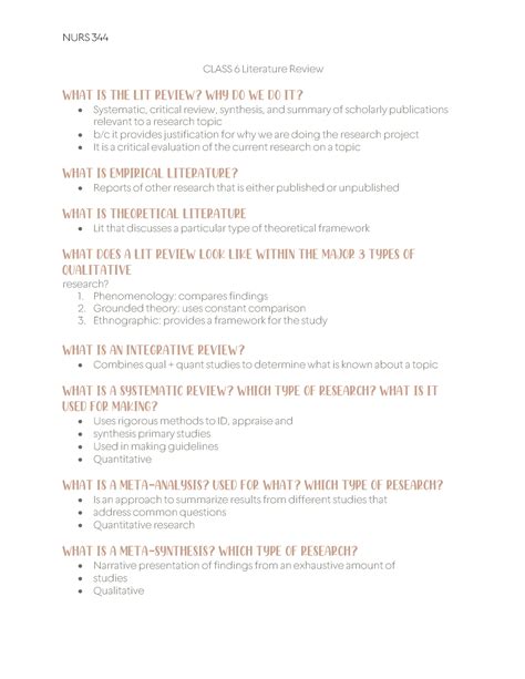 Class 6 Nursing Research Study Guide Nurs 344 Class 6 Literature