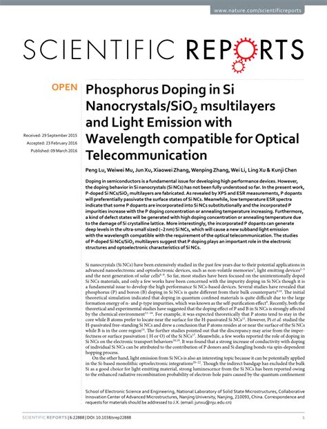Pdf Phosphorus Doping In Si Nanocrystals Sio2 Multilayers And Light