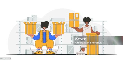 매력적인 여자와 남자가 상자를 들고 있다 택배 팀 소포와 물품의 운송을 보여주는 예술 작품 가상현실에 대한 스톡 벡터 아트 및 기타 이미지 Istock