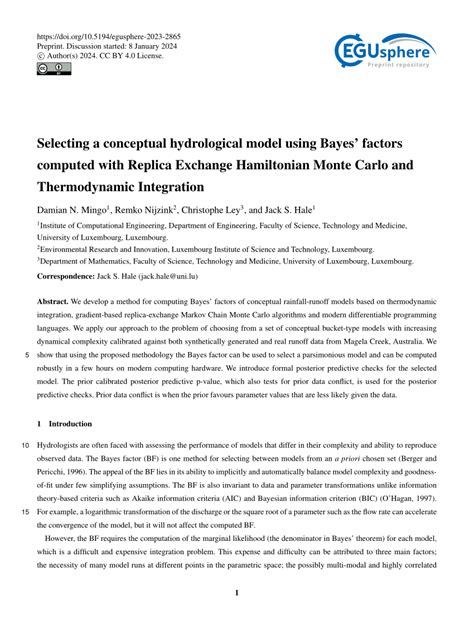 Pdf Selecting A Conceptual Hydrological Model Using Bayes Factors Computed With Replica