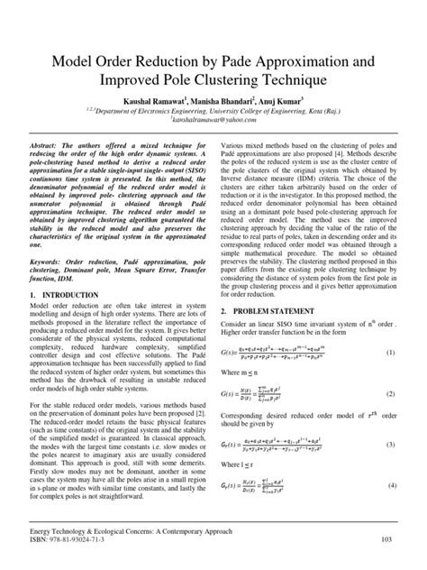Model Order Reduction By Pade Approximation 2015 Pdf Cluster Analysis Control Theory