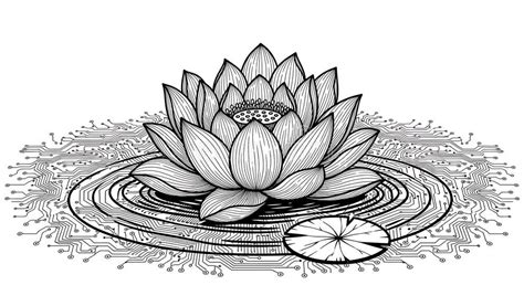 A Detailed Line Drawing Depicts A Lotus Flower Nelumbo Nucifera