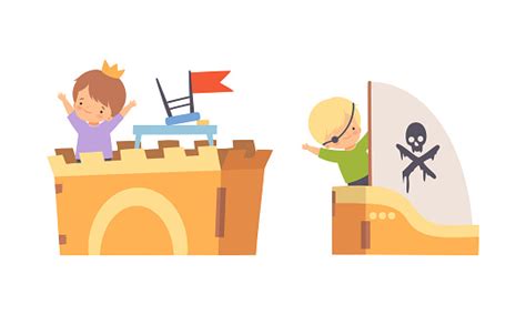 골판지 상자 벡터 세트로 만든 장난감을 연주하는 귀여운 창조적 인 작은 소년 개념에 대한 스톡 벡터 아트 및 기타 이미지 개념 공예 귀여운 Istock