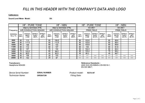 Audiometry Hf Calibration Sample 2 Pdf Electrical Engineering