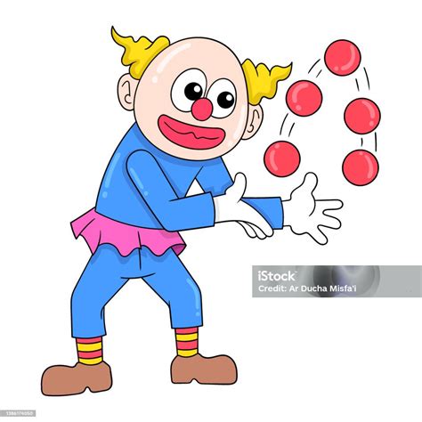 저글링 공을 수행하는 재미있는 광대 낙서 아이콘 이미지 Kawaii 공 스포츠 장비에 대한 스톡 벡터 아트 및 기타 이미지