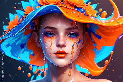 젊은 여성의 초상화 꽃 모자 메이크업 액체 스플래시의 폭발 오렌지 블루 매우 상세한 판타지 배경 일러스트 레이