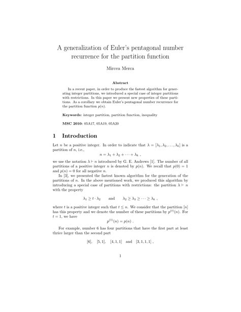pdf a generalization of euler s pentagonal number recurrence for the