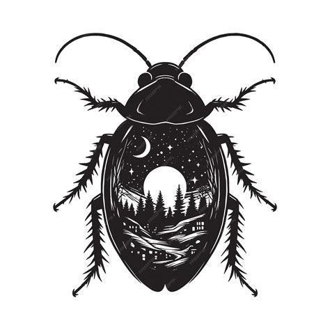 Silhouette Of Cockroach Filled With Nature Night View In Rough Drawing