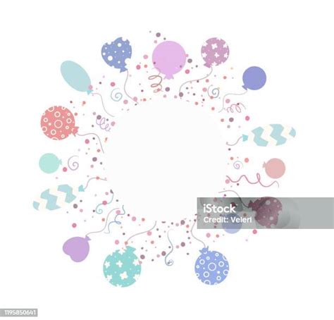 평평한 손으로 그린 풍선 뱀 색종이 및 텍스트 장소가있는 둥근 프레임 벡터 휴일 개체는 배경과 분리됩니다 간단한 부드러운 템플릿 0명에 대한 스톡 벡터 아트 및 기타 이미지