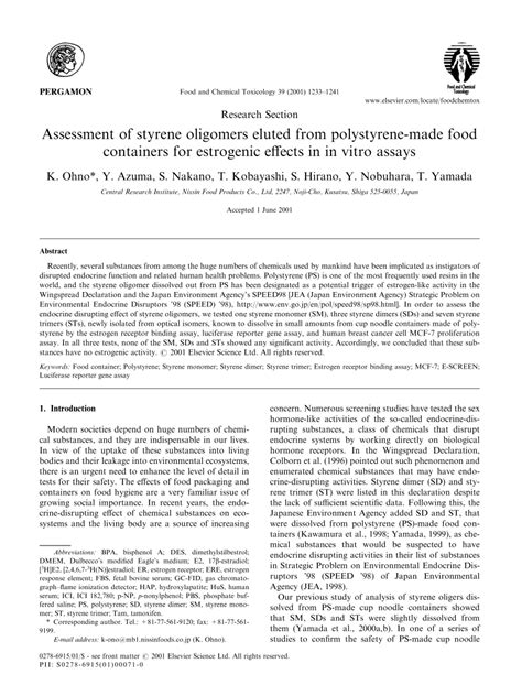 Pdf Assessment Of Styrene Oligomers Eluted From Polystyrene Made Food