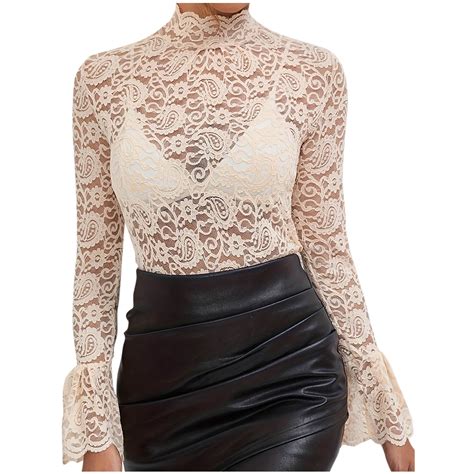 Cacommark Pi Clearance Womens Lace Top Sex See Through Long Sleeve