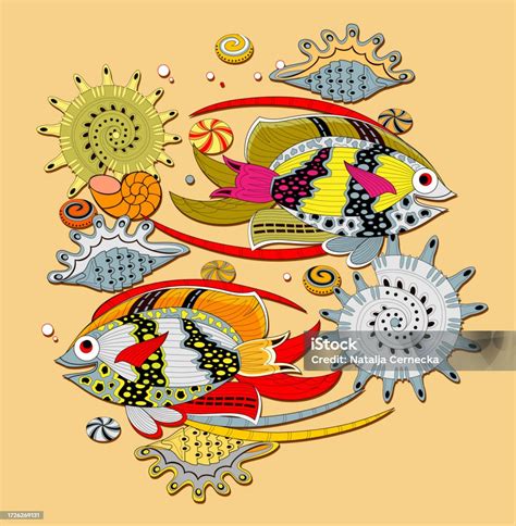 양식화된 물고기와 조개껍데기가 있는 추상적인 배경 해양 장식 티셔츠와 패브릭을 위한 모던한 프린트 플랫 벡터 T 셔츠에 대한 스톡 벡터 아트 및 기타 이미지 Istock