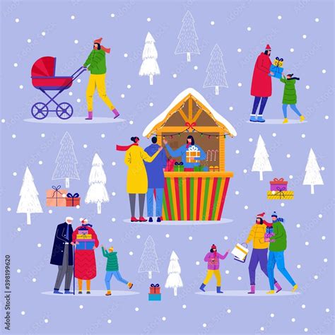 Christmas Market With People Walking Between Wooden Kiosks Buying