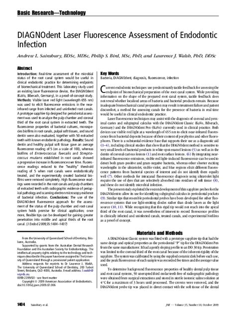 Pdf Diagnodent Laser Fluorescence Assessment Of Endodontic Infection