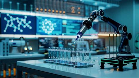 Robotic Arm Dispenses Liquids Into Test Tubes In A Modern Lab Equipped With Molecular Synthesis